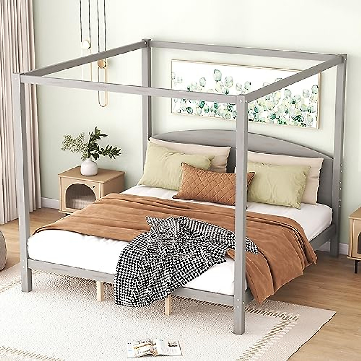 Rhomtree King Size Canopy Bed with Headboard, 4-Post Canopy Platform Bed Frame, Solid Wood King Bed Frame with Headboard and Support Legs for Kids Teens Adults, No Box Spring Needed(Grey Wash, King)