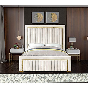 Meridian Furniture Dolce Collection Modern | Contemporary Velvet Upholstered Bed with Luxurious Channel Tufting and Gold Metal Trim/Legs, Queen, Cream