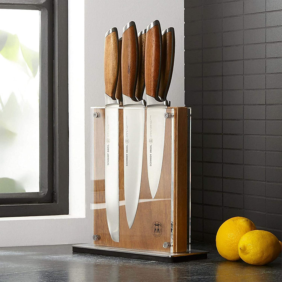 Schmidt Brothers - Bonded Teak, 7-Piece Knife Set, High-Carbon Stainless Steel Cutlery with Midtown Acacia and Acrylic Magnetic Knife Block