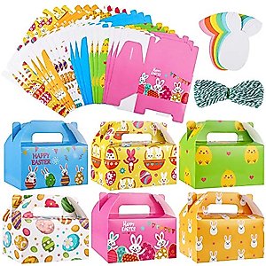 ADXCO 24 Pieces Easter Boxes Paper Gable Boxes Colorful Party Favor Treat Boxes with Rabbit Tags for Kids School Party Easter Favor