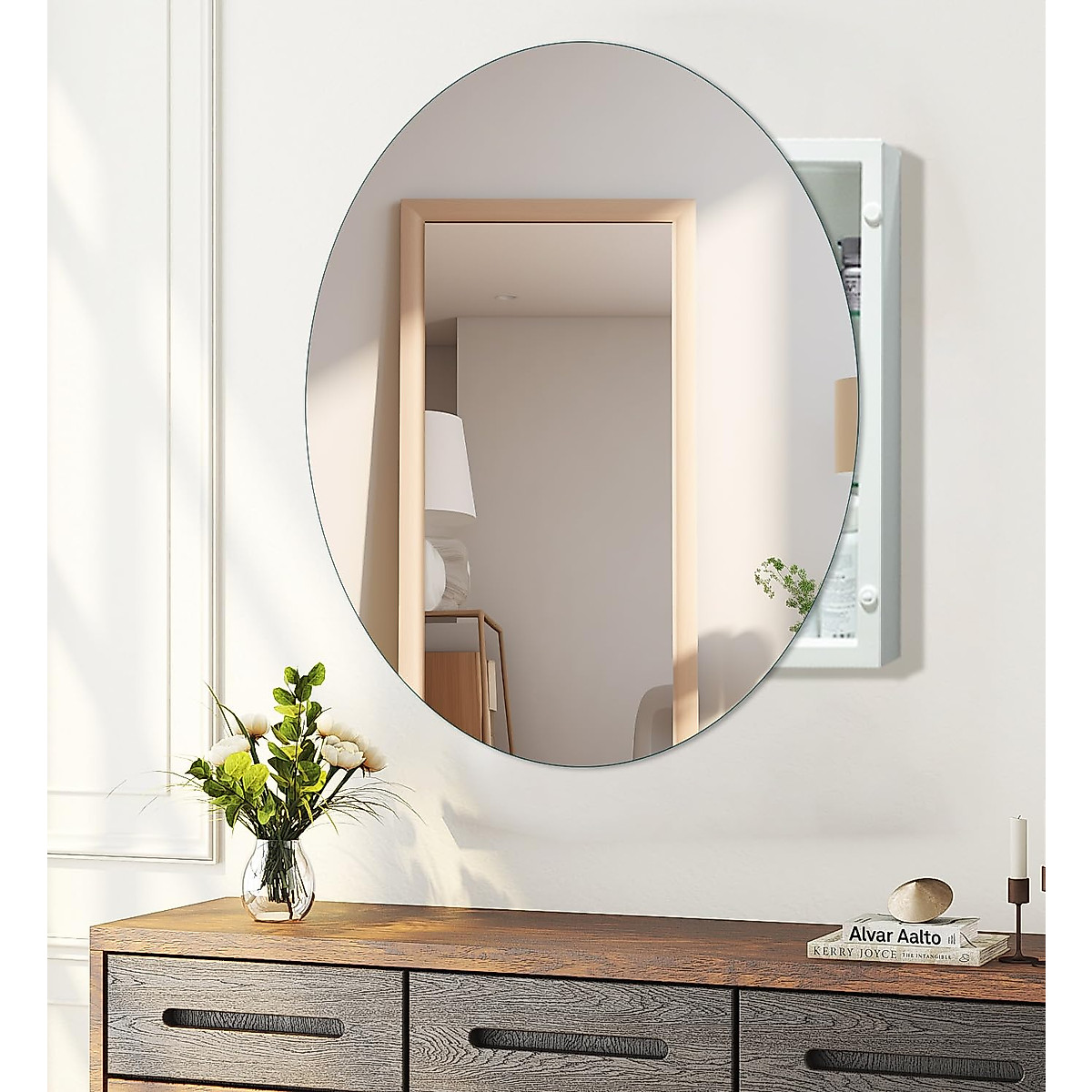 HESONTH Medicine Cabinet Round 28 Inch x 28 Inch Bathroom Cabinet Mirror, Circular Storage Cabinet Round Frameless Mirror Cabinet with Surface Mounted