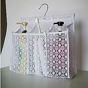 FVLFIL Hanging Lace Mesh Shower Caddy College with Hooks & 3 Pockets, Bath Baskets Organizer Storage for College Dorm Rooms, Gym, Swimming and Travel (White)