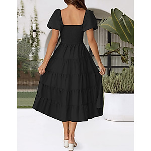 ZESICA Women's 2024 Summer Square Neck Short Puff Sleeve Solid Color High Waist Casual Smocked Flowy A Line Tiered Midi Dress