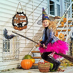 Bucherry Black Cat Pumpkin Hanging Sign Happy Halloween Front Door Welcome Sign Wall Decor Wall Plaque for Halloween Party