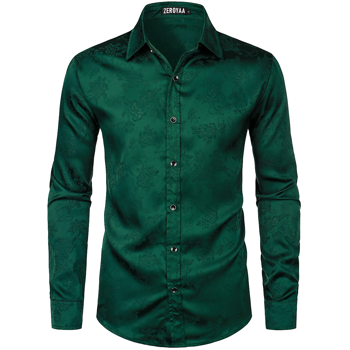 ZEROYAA Men's Hipster Floral Jacquard Long Sleeve Satin Silk Like Button Up Dress Shirts for Party Prom ZHCL55 Dark Green Small