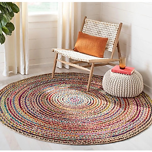 FRELISH DECOR Round Rug Area Rug, Jute & Cotton Multi Chindi Braid Rug, Hand Woven & Reversible- Handwoven from Multi-Color Vibrant Fabric Rugs Bohemian Colorful Rug (6 feet)