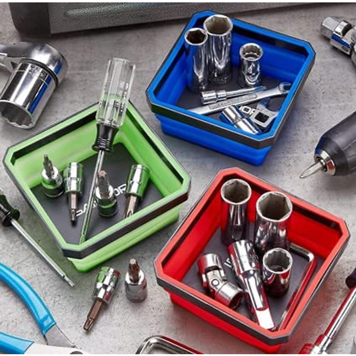 Magnetic Tool Foldable Tray - 4 Pack Silicone Collapsible tray Set for Small Parts and Tools - Square Magnetic tool holder for Organizing Screw Bolts Nuts Washers Pins Sockets - Magnetic storage