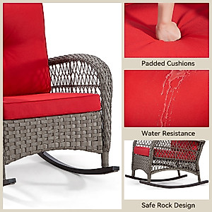 MeetLeisure Patio Wicker Rocking Chair - All-Weather Outdoor Rocker Chair with Safe Rocking Design and Premium Fabric Cushions (Mixed Grey/Red)