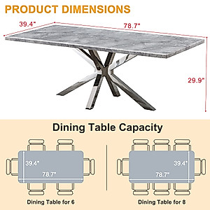 Pvillez Grey Marble Dining Table for 8-10 Person, 78" Rectangle Marble Top Dining Table with Gloss Silver Stainless Steel Pedestal Base, Mid Century Modern Dining Table for Kitchen Dining Room Dinner