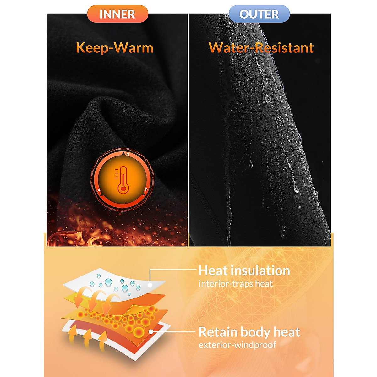 BALEAF Women's Waterproof Leggings Fleece Lined Thermal Warm Winter Yoga Water Resistant Pants with Pockets Black S