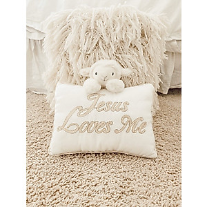 Mon Ami "Jesus Loves Me" Lamb Designer Plush Throw Pillow – 11x8”, Baby Christening Gift, Religious Gift, Dedication, Baptism Gift, Cute Room Décor