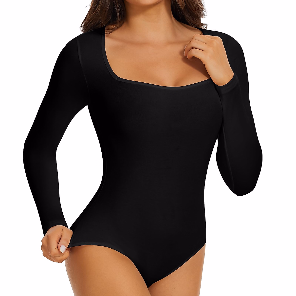 JOYSHAPER Women's Bodysuits Square Neck Long Sleeve Stretchy Basic One Piece Bodysuit Shirt Tops Black L