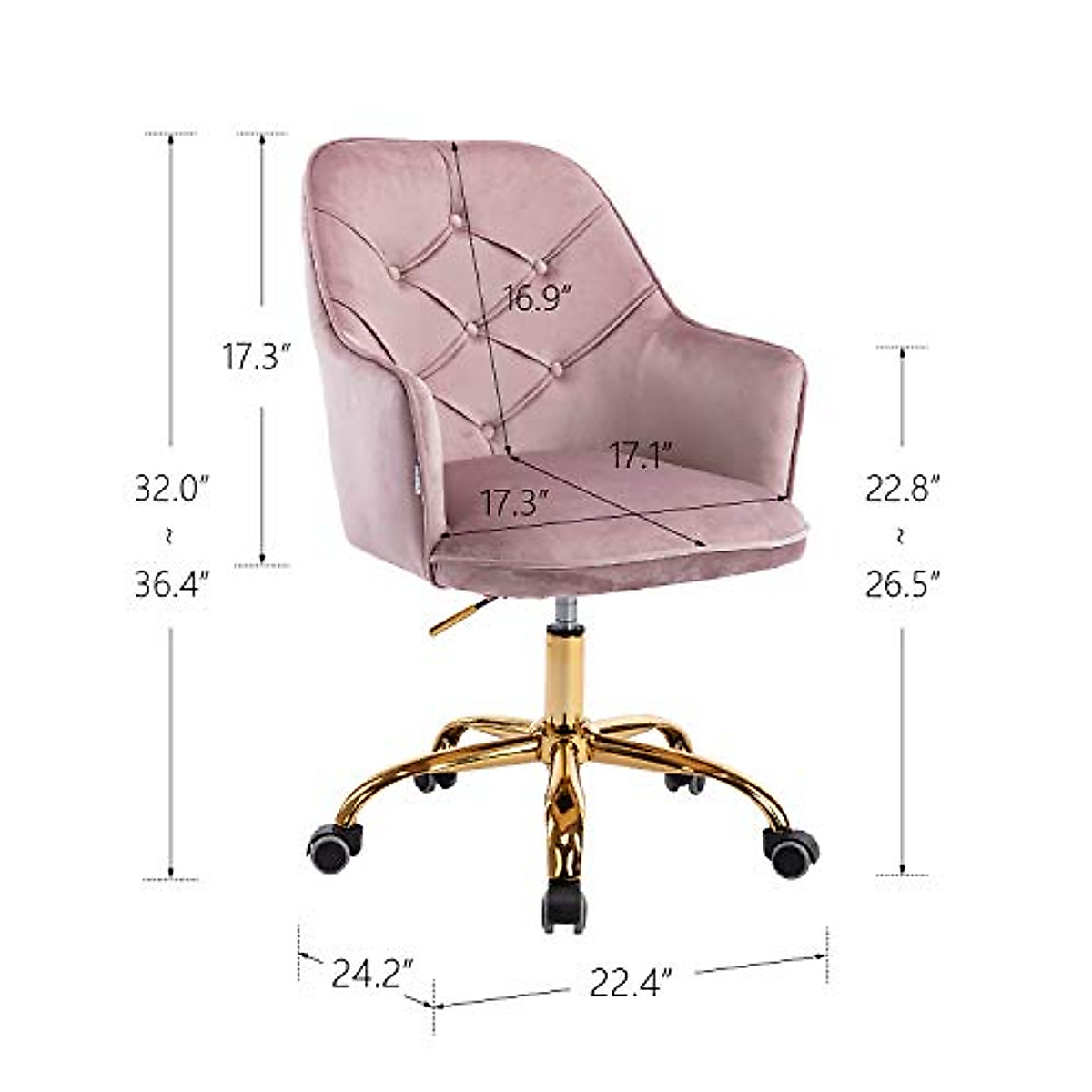 Velvet Swivel Shell Chair on Wheels,Modern Leisure Arm Chair with 360 Degrees and Adjustable Lift Heigh,Accent Home Office Chair with Golden Metal Base for Living Room,Study (Light Pink + Metal)