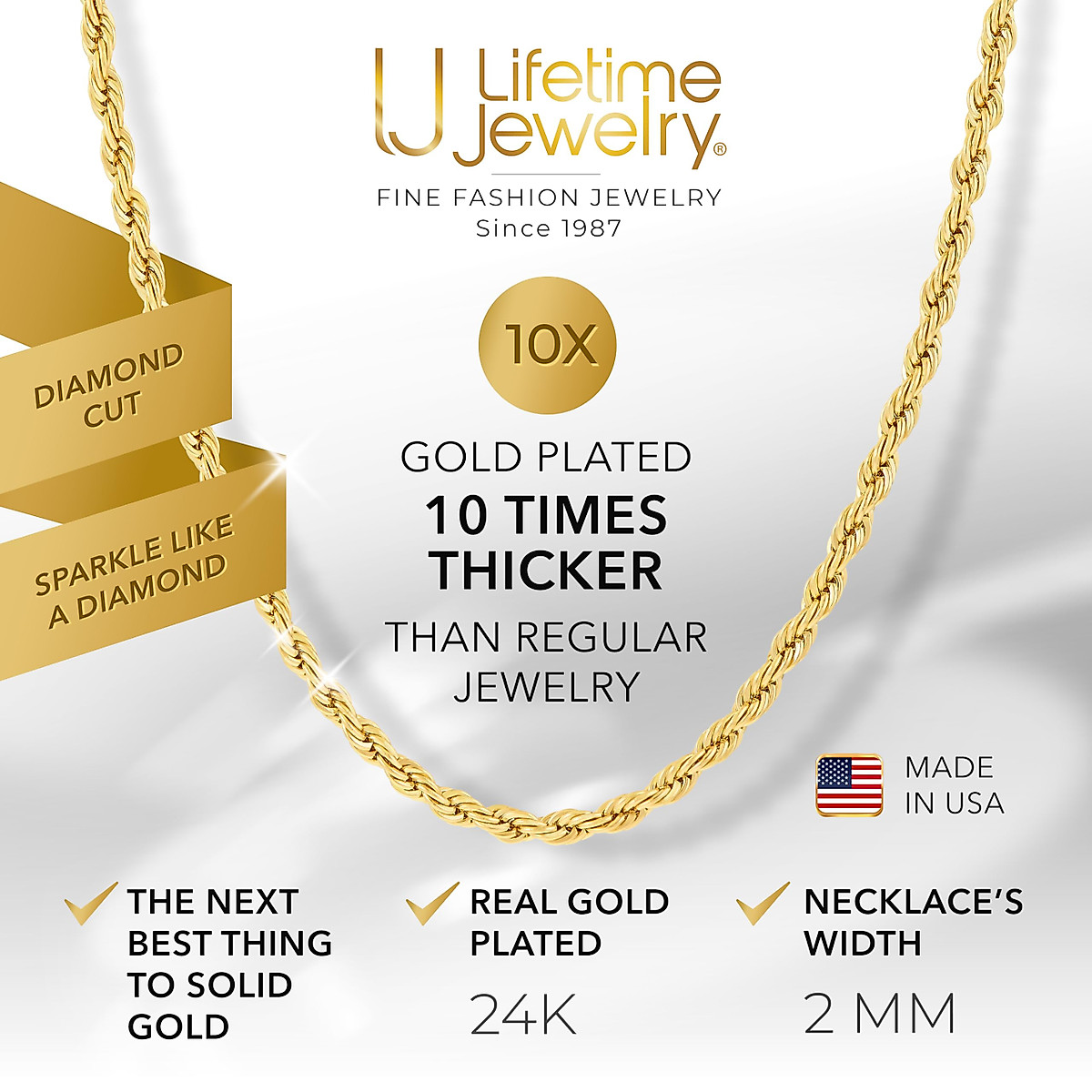 LIFETIME JEWELRY 2mm Gold Rope Chain for Men & Women 24k Real Gold Plated Diamond Cut Gold Necklace for Women & Necklace for Men 14 to 36 Inch | Gold | White Gold (16 inches, Gold)