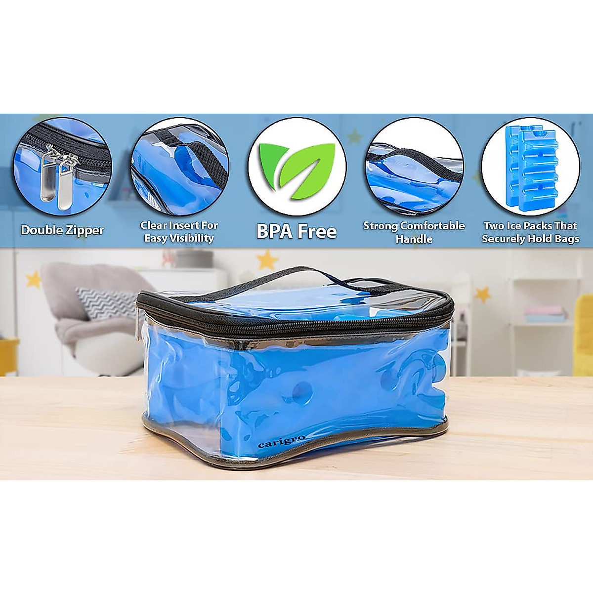 Ice Pack and Safety Case Set for Breastmilk Bags - carigro Brand - Insert for Breastmilk Cooler Bag (3 Items)