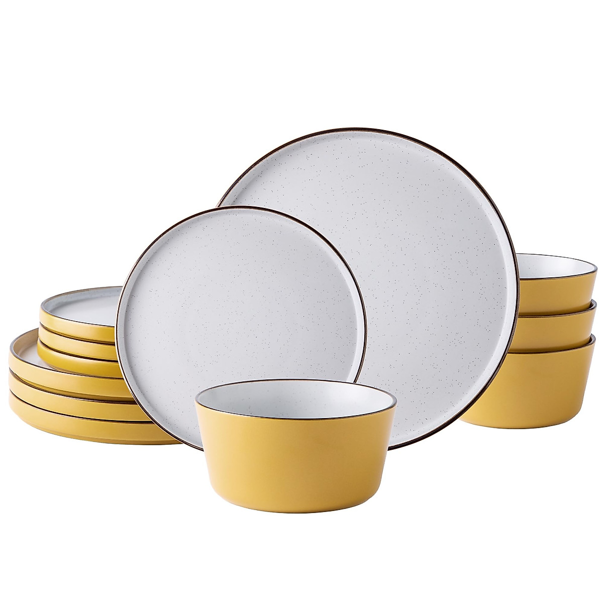 AmorArc Dinnerware Sets of 4, Modern Stoneware Plates and Bowls Sets,Chip and Crack Resistant | Dishwasher & Microwave Safe Ceramic Dishes Set,Service for 4 (12pc)-Speckled & Matte Yellow