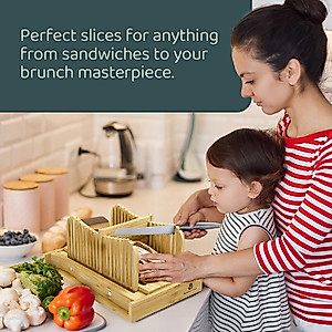 Mama Bear Kitchens Bamboo Bread Slicer with Knife - Adjustable & Durable Bread Loaf Slicer with Crumb Tray & Foldable Bread Cutter Guide - Easy to Clean & Store Bread Slicer for Homemade Bread