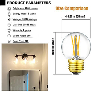 Leools Dimmable Wall sconces Edison Bulb G16.5 4W Equal 40 watt AC120V Clear Glass Soft White 3000K E26 Light Bulb for Pendant,Chandeliers,Vanity, 400lm 6Pack