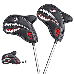 Craftsman Golf Vivid Shark Embroideried with 3D Fin 8pcs (5,6,7,8,9,P,A,S Black Iron Headcover Set with Large Red No.