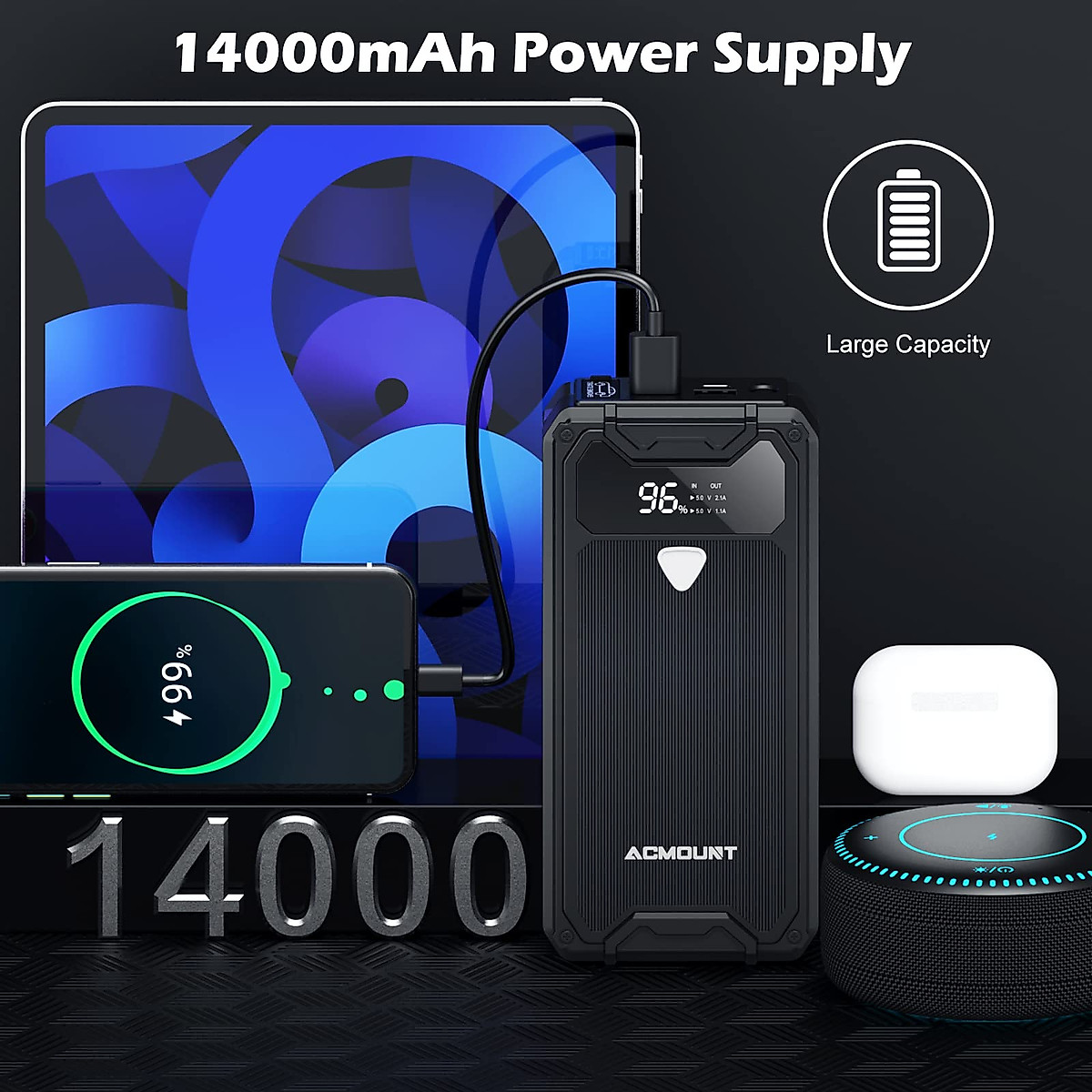 Car Jump Starter Portable, Acmount 1500A Peak Jump Starter Battery Pack for Up to 7L Gas or 6L Diesel Engine, 12V Portable Car Battery Starter with LED Display, USB Quick Charge