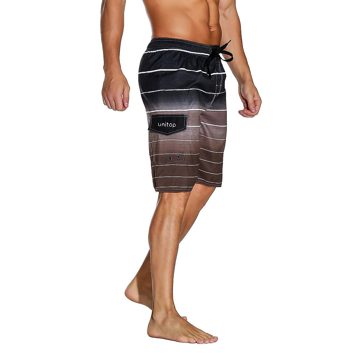 unitop Men's Colortful Striped Swim Trunks House Beach Board Shorts with Lining Coffee-30
