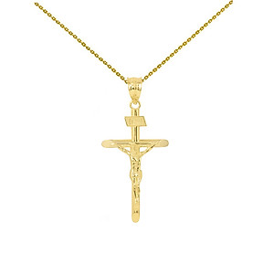 10K Yellow Gold 1-3/8" Christian Catholic Jesus Christ on INRI Cross Crucifix Pendant Necklace - 18"