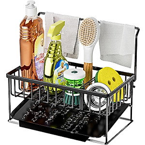 JANE EYRE Kitchen Sink Caddy - Sponge Brush Holder with Removable Slope Drip Tray SUS304 Stainless Steel Rustproof Sink Rack,(H) 9 in x (D) 5.5 in x (L) 9.84 in (Black)
