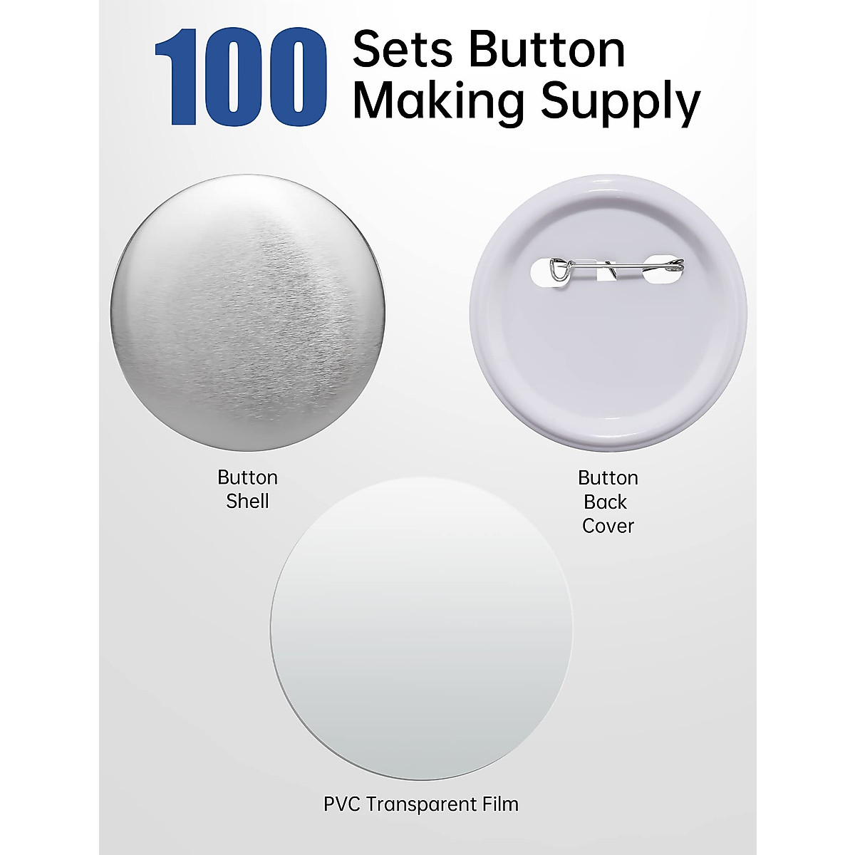 NiArt Blank Button Making Supplies 100pcs 75mm/3in Round Badge Button Parts, Metal Pin Badge Kit for Button Maker Machine with Clear Film