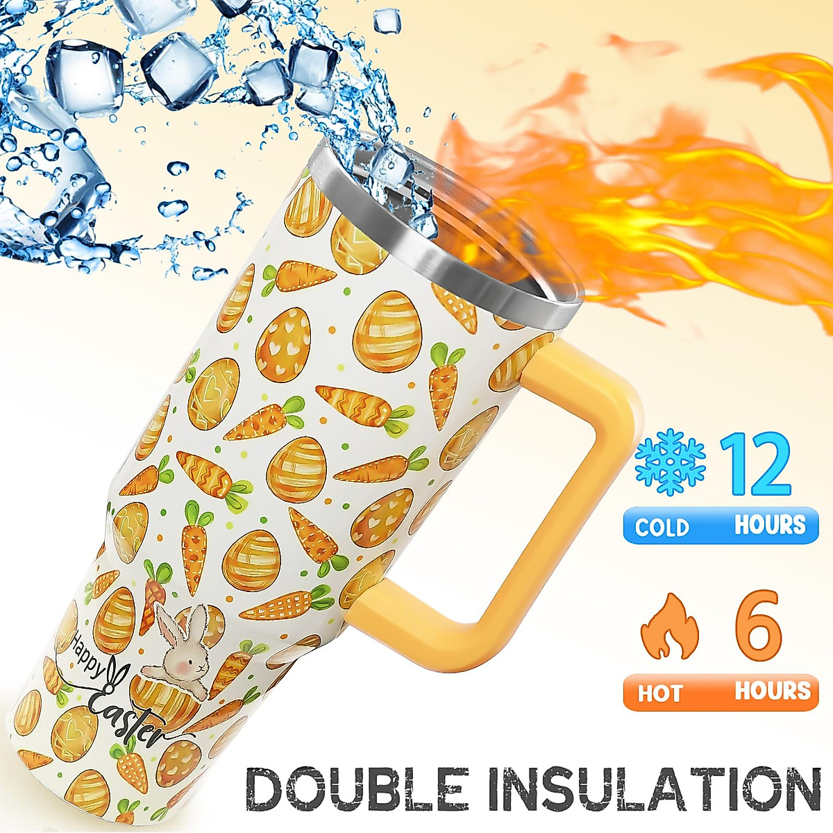 Nqhsionv Easter Tumbler with Handle 40 oz Easter Bunny Carrot Coffee Travel Mug Stainless Steel Rabbit Insulated Cup Happy Easter Decor Gifts