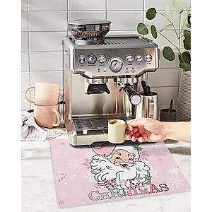 LaBLUUX Coffee Mat for Counter, Merry Christmas Cute Pink Santa Absorbent Hide Stain Coffee Bar Mat, Non-Slip Coffee Bar Accessories Kitchen Drying Mat Fit Under Coffee Maker Espresso Machine