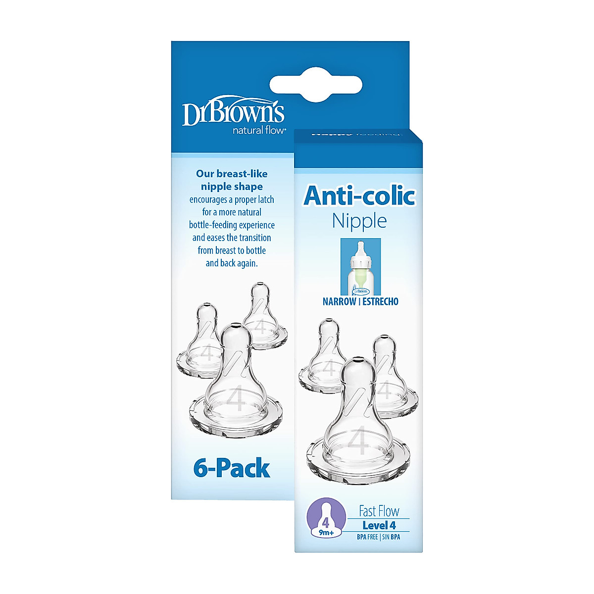 Dr. Brown’s Natural Flow® Level 4 Narrow Baby Bottle Silicone Nipple, Fast Flow, 9m+, 100% Silicone Bottle Nipple, 6 Pack