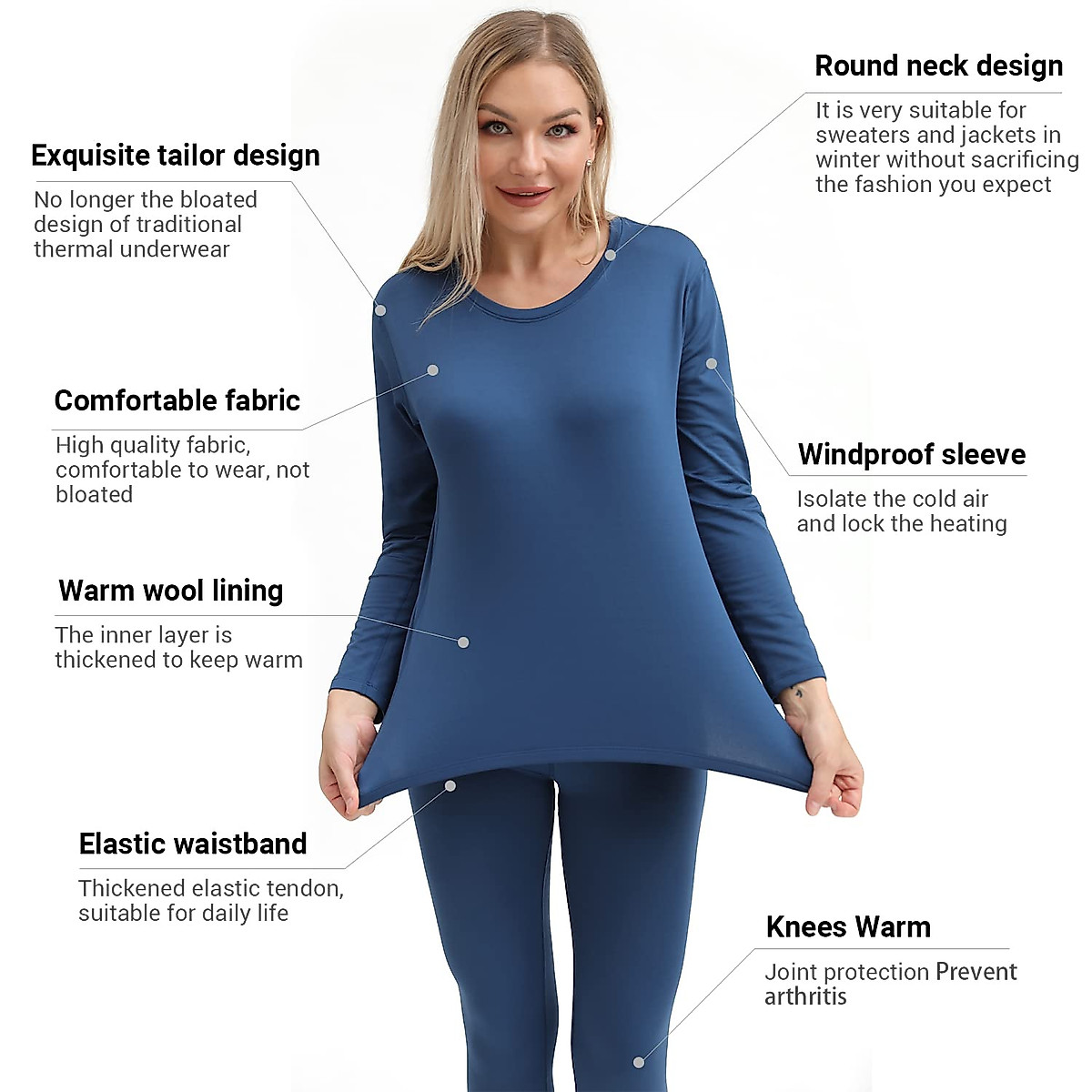 PISIQI Thermal Underwear Women Ultra-Soft Long Johns Set Base Layer Skiing Winter Warm Top & Bottom (L, Blue)