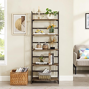 VECELO Bookshelf, 5 Shelf Folding Bookcase No Assembly, Industrial Metal Freestanding Shelves Rack Organizer for Living Room, Office, Bedroom, Kitchen, Set of 2, Dark Brown