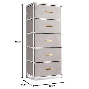 BANTI Dresser for Bedroom, Tall Kids Fabric Vertical Dresser with 5 Drawers, Storage Tower Organizer Unit for Closet, Living Room, Bedroom, Hallway, Steel Frame Wood Top, Light Grey