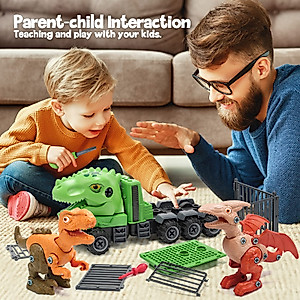 skirtoy DIY Building Dinosaur Toys for Kids, Take Apart Dinosaur Transport Truck with Playmat, 2 Dinosaur Toy, 4 Dino Figures, 2 Tools, Dinosaur Construction Playset Birthday Gift for Boy Girl