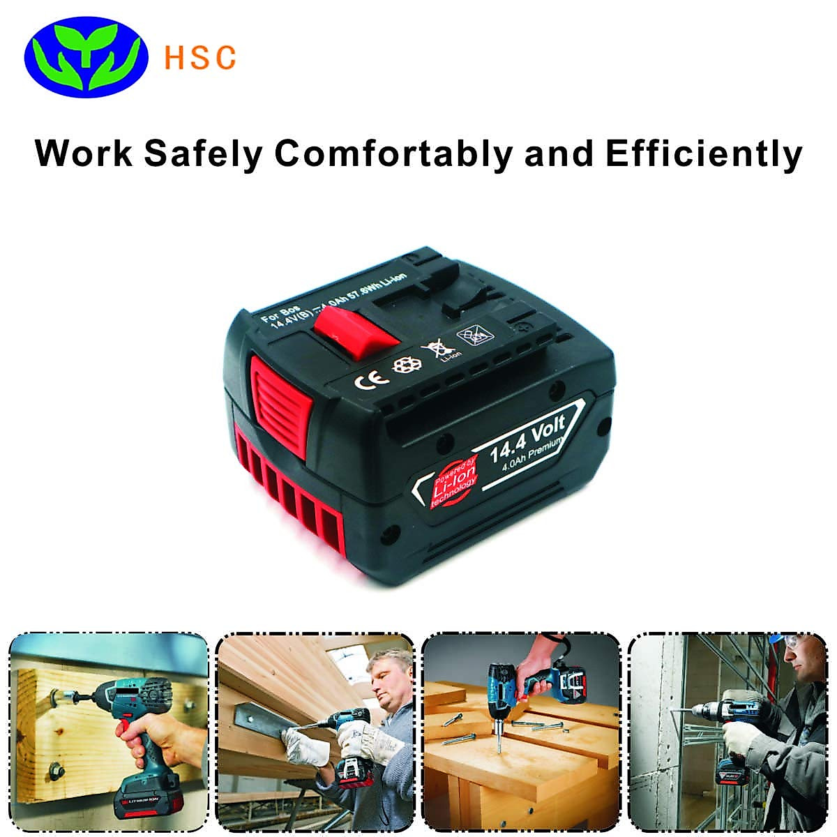 4000mAh 18650 Battery Pack BOS14.4B Li-ion Battery 14.4V Replacement for Bosch BAT607 BAT607G BAT614 BAT614G Battery Pack 14.4V