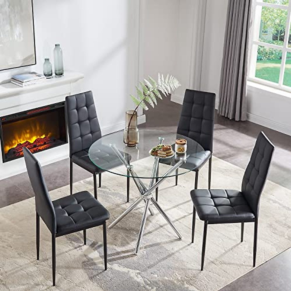 SICOTAS Glass Dining Table Round Kitchen Table with 4 Silver Chrome Legs,Modern Circle Dining Room Tables for 2 or 4,Small Dinner Table for Kitchen,Apartment, Small Spaces,35.4D x 29.5H,Clear