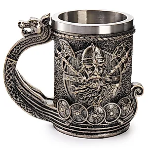 ZENFUN Noric Viking Ship Dragon Beer Mug, 18/8Stainless Steel Drinking Tankard, 17 OZ Wine Coffee Cup, Norse Mythology Poetic Decor Beer Mug, Great Gift for Men