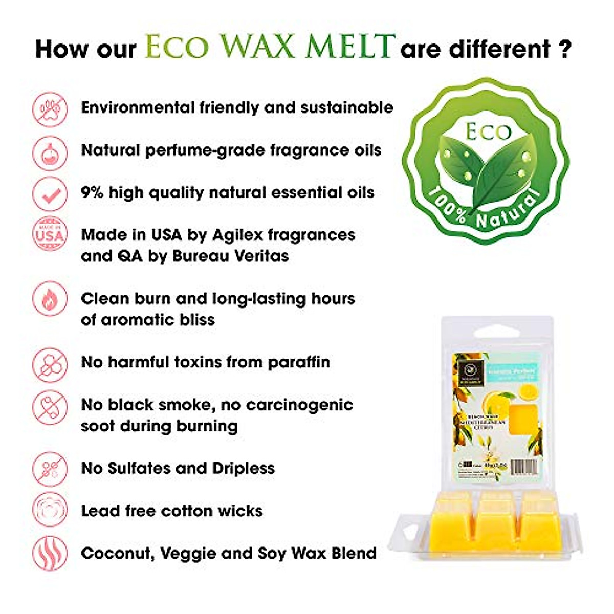 Coco-Soy Organic Wax Melts " Grape Fruit & Ginger " EcoAroma Natural Flowers Fragrance Oils. Great for Aromatherapy & Home Scent Botanical Collection , 1-Pack of 6 Wax- Cubes