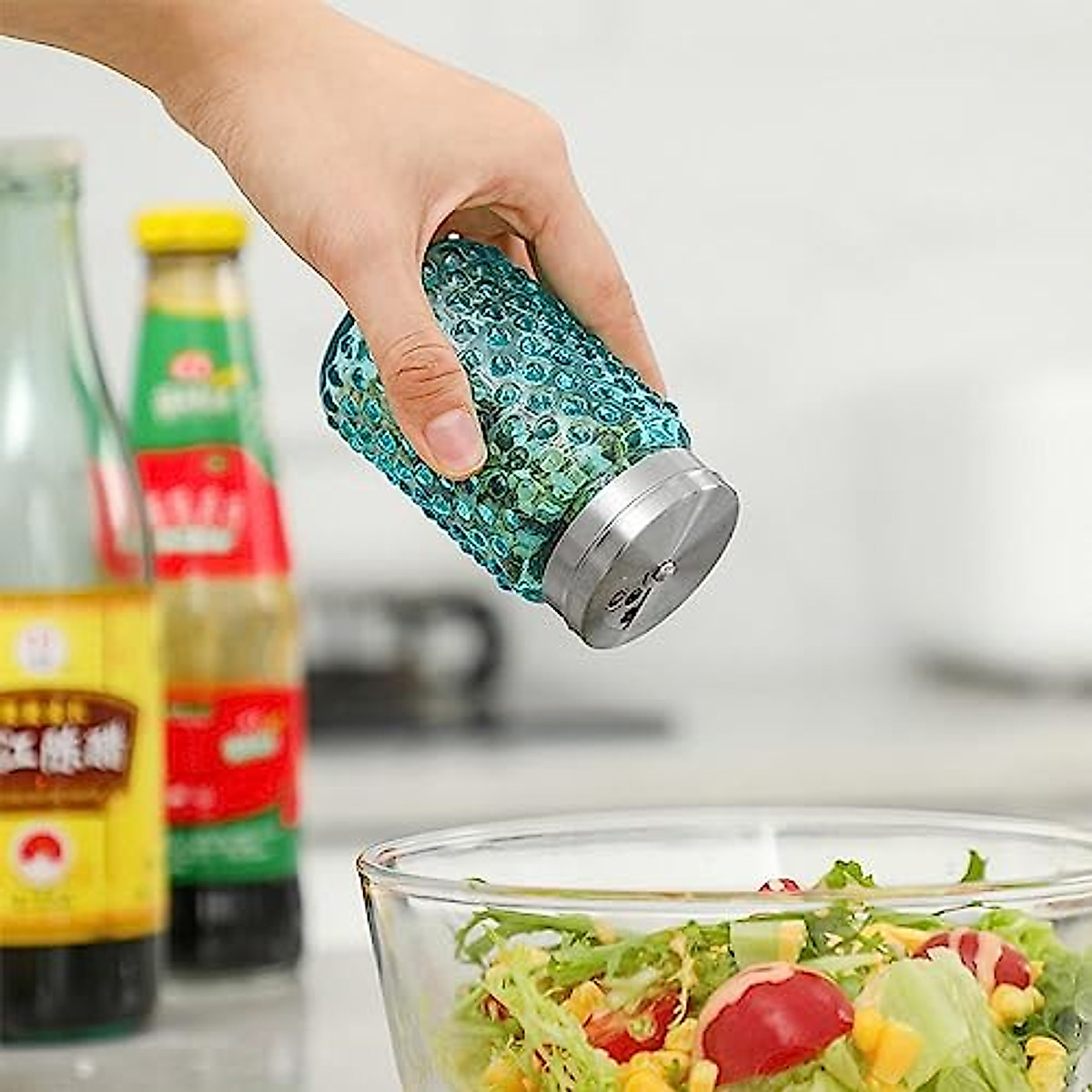 Sizikato Glass Salt and Pepper Shakers Set, Beaded Surface