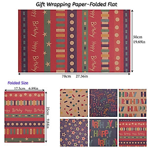 Larcenciel Birthday Wrapping Paper, 6 Sheets Kraft Gift Wrapping Paper with Cut Lines on Reverse, Happy Birthday Wrapping Paper for Boys Girls, Stars Gift Wrap for All Birthday,Baby Shower,27.5x19.6in