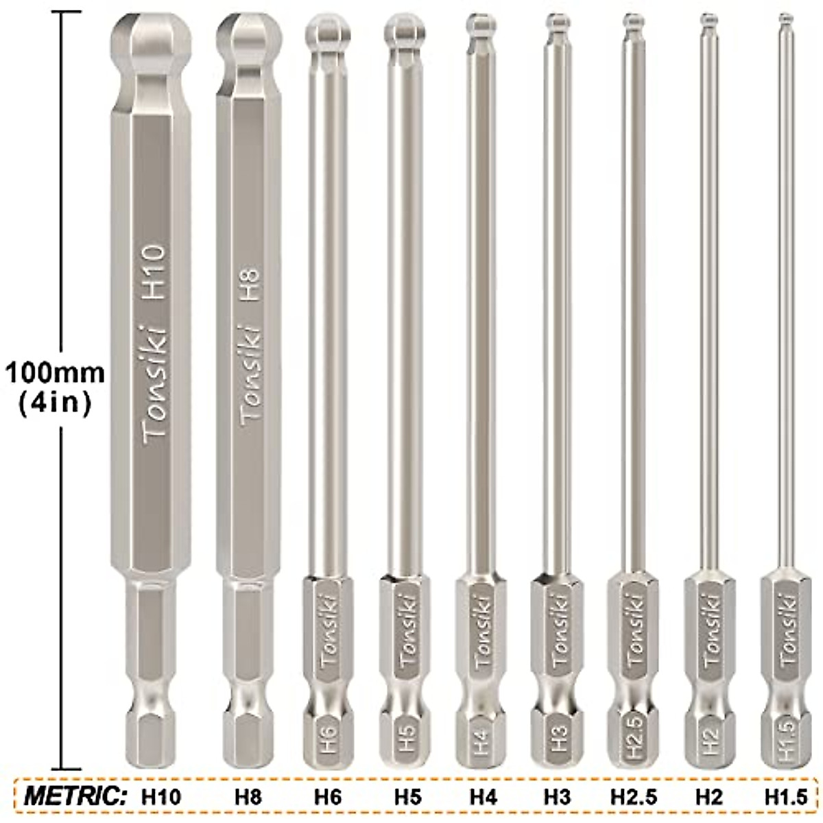 Tonsiki 9PCS Ball End Hex Head Allen Wrench Drill Bit Set, Metric S2 Steel Hex Bits Set, 1/4" Hex Shank Magnetic Screwdriver Bit Set for Assembling Furniture, 4'' Long - 1.5/2/2.5/3/4/5/6/8/10mm