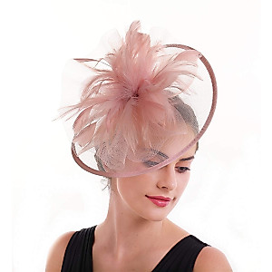 SAFERIN Fascinator Hair Clip Cocktail Hat Bowler Feather Flower Derby Kentucky Veil Wedding Party Hat Tea Fascinators (a-Skin Pink)