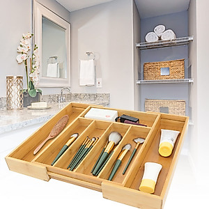 VaeFae Bamboo Silverware Organizer, Expandable Kitchen Drawer Organizer for Cutlery, Wooden Utensil Holder, Multi-Function Drawer Storage, 5-7 Compartments