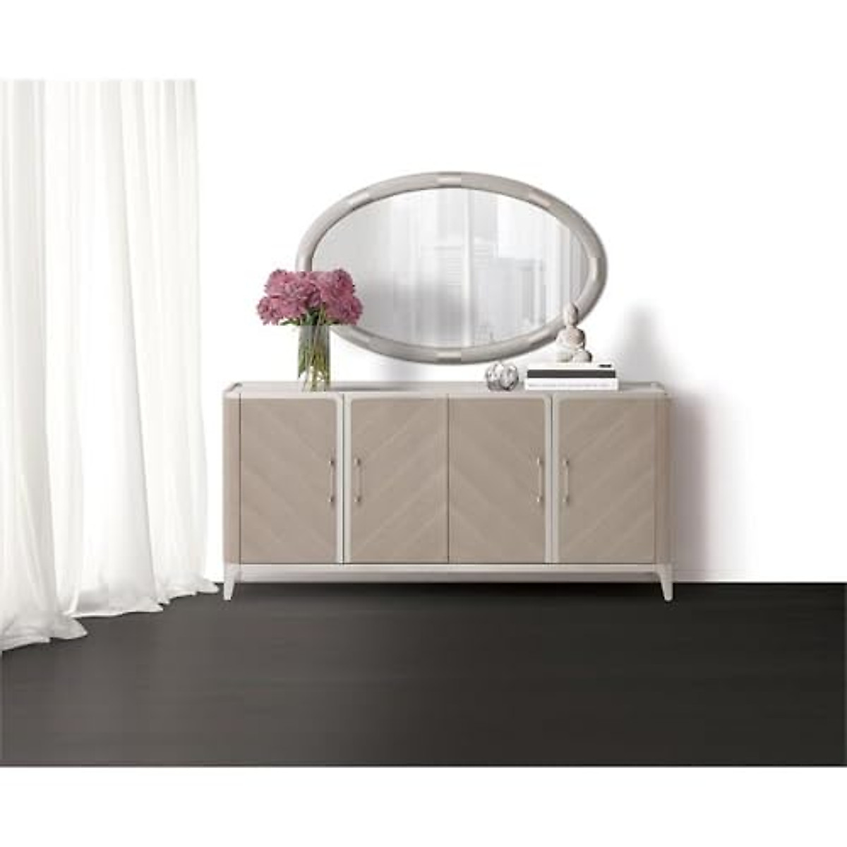 Michael Amini Lanterna Poplar Wood & Acrylic Sideboard in Silver Mist/Beige