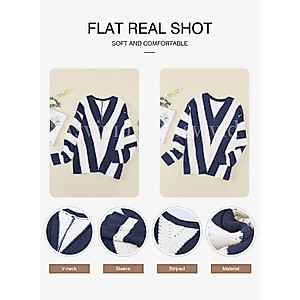 Asvivid Womens Spring Fashion 2023 Long Sleeve V Neck Striped Color Block Sweaters for Women Knitted Pullover Tops Blue Ladies Sweaters M