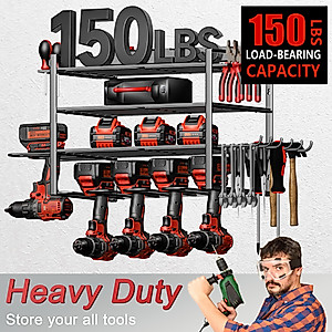 Spaclear Power Tool Organizer Wall Mount with Charging Station Garage Tools and Battery Storage Rack 4 Layer 6 Drill Holder Utility Rack Tool Shelf with Screwdriver/Plier/Hammer Holder Gift for Men