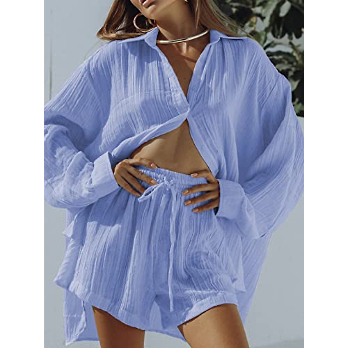 Meenew Women's Summer Matching Set 2 Piece Shorts Set Long Sleeve PJ Set Beach Outfits Button Down Set XL