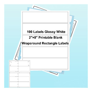 100 Pcs Water Bottle Labels Glossy White Waterproof Stickers ,2"×8" Printable Blank Wraparound Rectangle Labels for Inkjet/Laser Printer