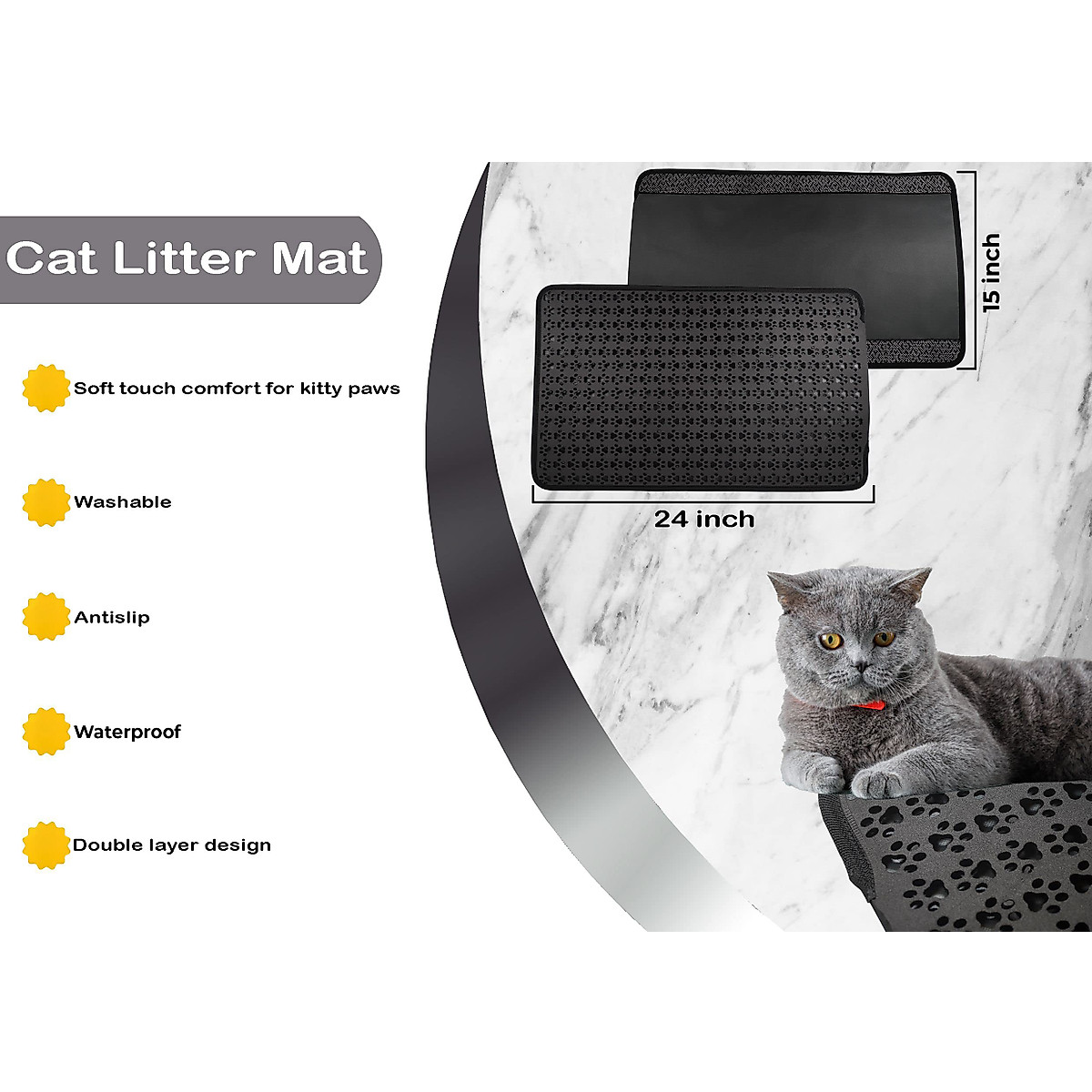 KAYOUBI Cat Litter Mat Litter Trapping Mat (Right Hand Pet Grooming Gloves Cat Brushes Included) Double-Layer Kitty Paw Design Kitty Mat (with Glove for GentleShedding) (WITH GLOVE, BLACK BLUE)